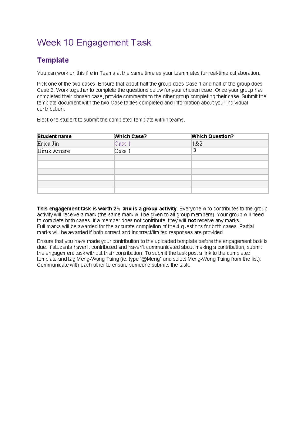 Week 10 engagement task - Week 10 Engagement Task Template You can work ...