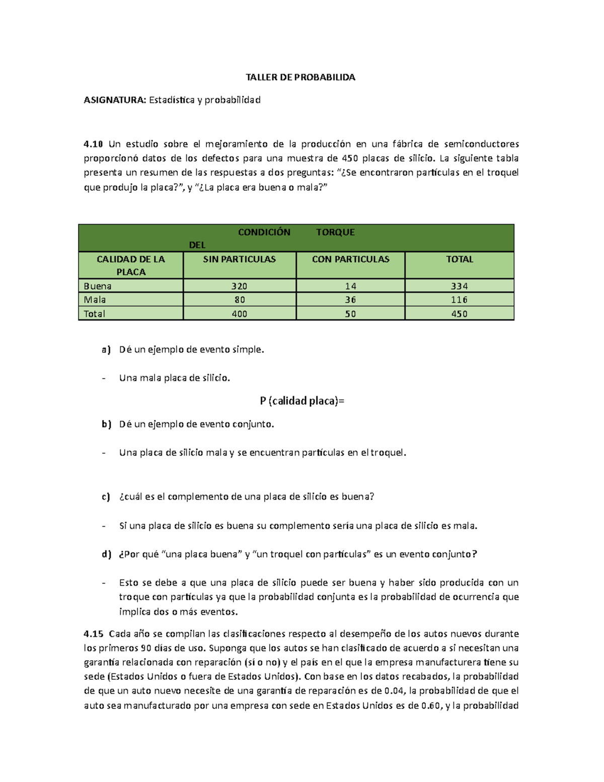 Taller DE Probaabilida - TALLER DE PROBABILIDA ASIGNATURA: Estadística ...