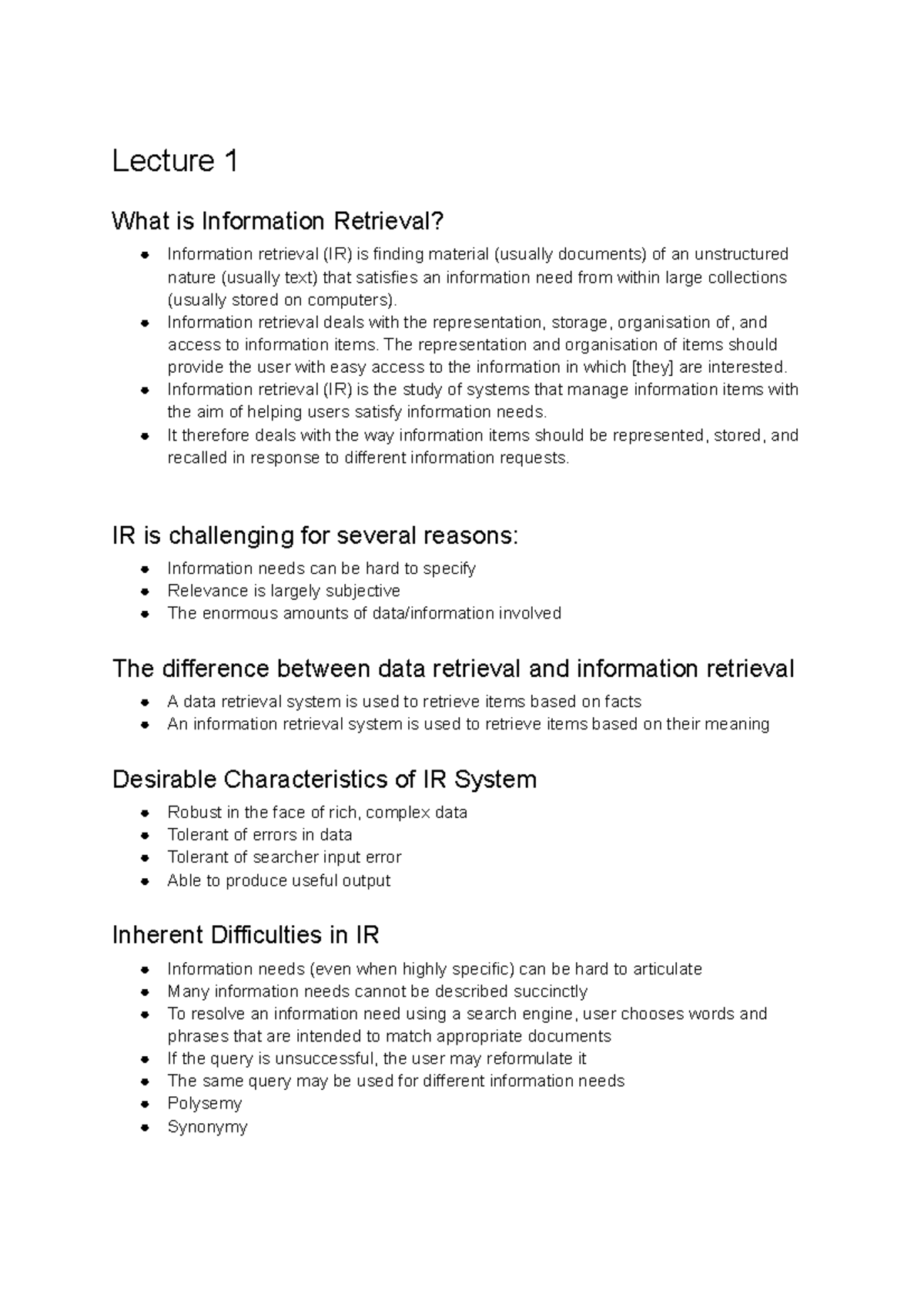 Review - Notes for Information retrieval and web search - Lecture 1 ...