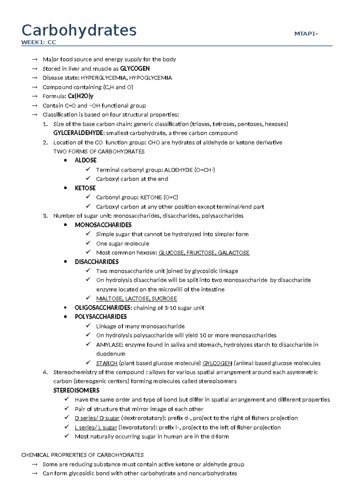 Notes Carbohydrates - Carbohydrates MTAP1- WEEK1: CC Major food source ...