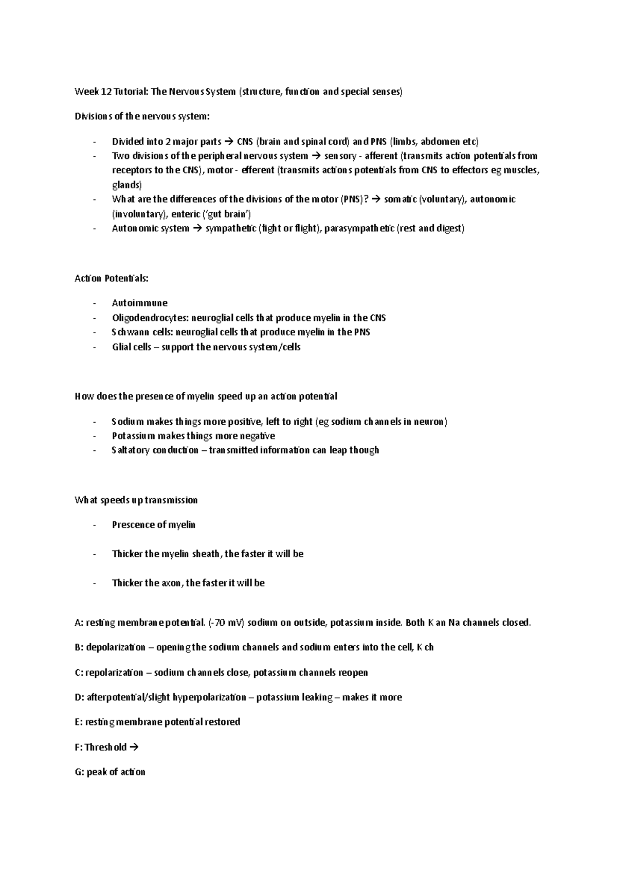 Week 12 Tutorial - tut notes - Week 12 Tutorial: The Nervous System ...