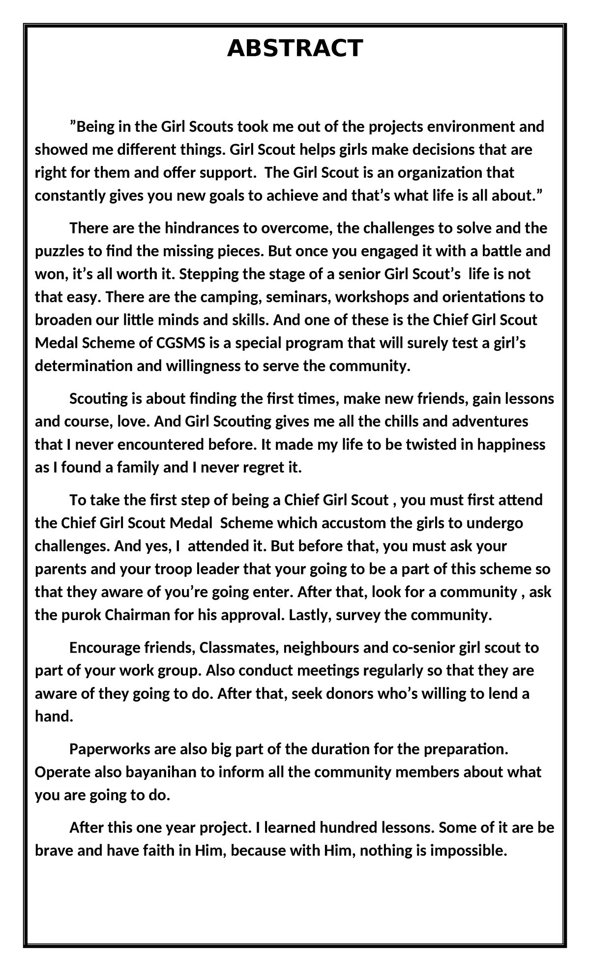 Abstract - hxhisdha - ABSTRACT ”Being in the Girl Scouts took me out of ...