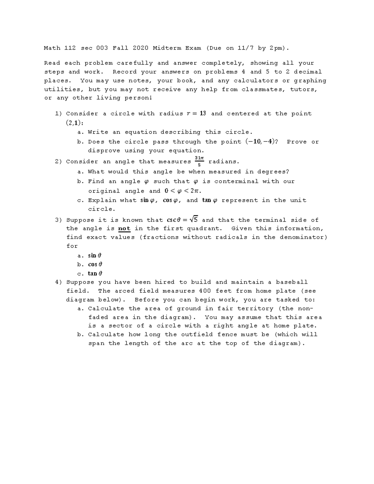 Trig.midterm - midterm - Math 112 sec 003 Fall 2020 Midterm Exam (Due ...