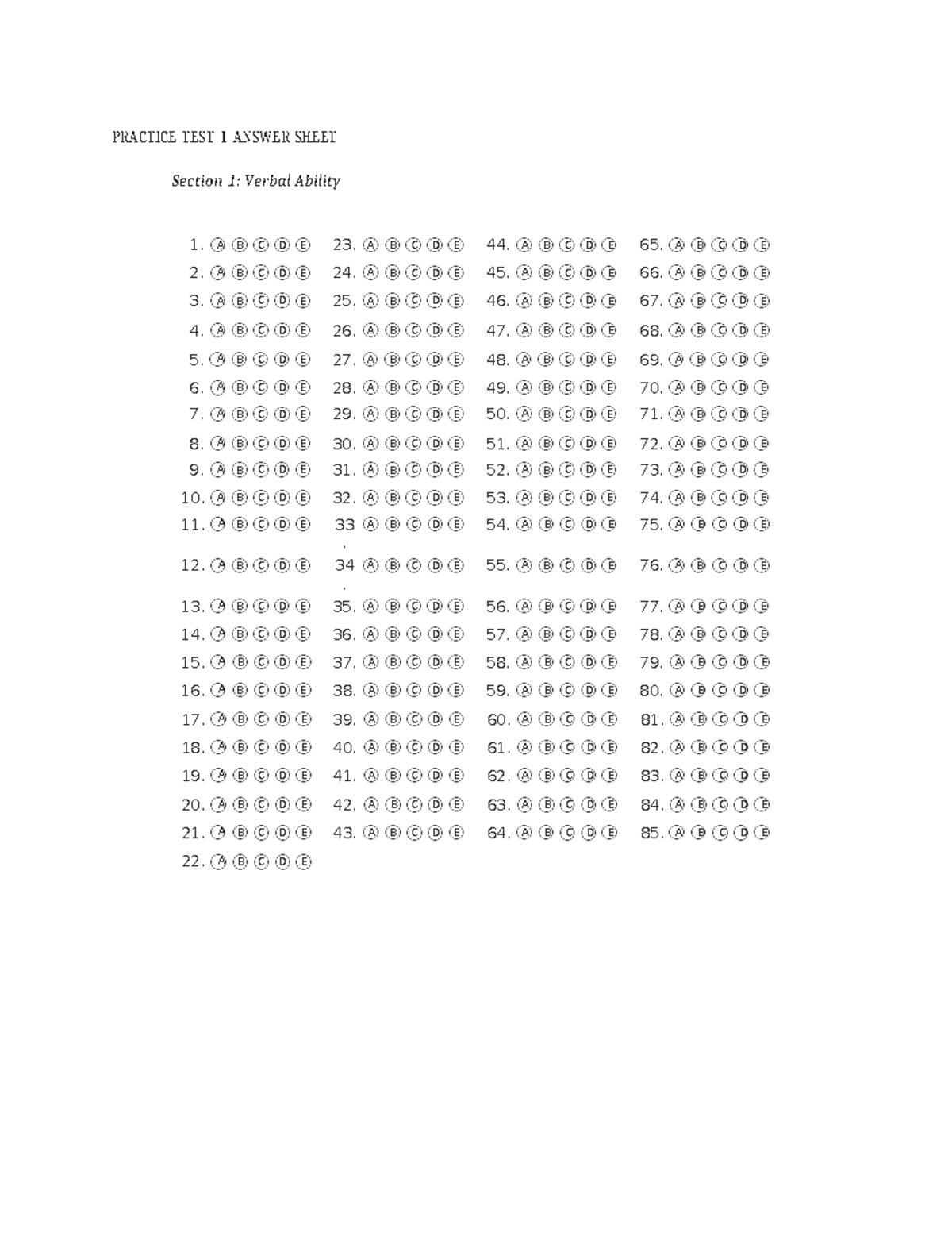 Practice TEST 1 Answer Sheet - PRACTICE TEST 1 ANSWER SHEET Section 1 ...