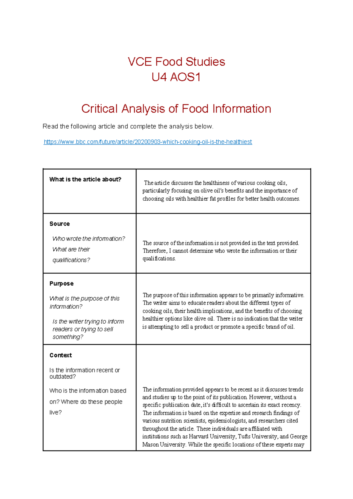 Critical Analysis of Food Information - VCE Food Studies U4 AOS ...