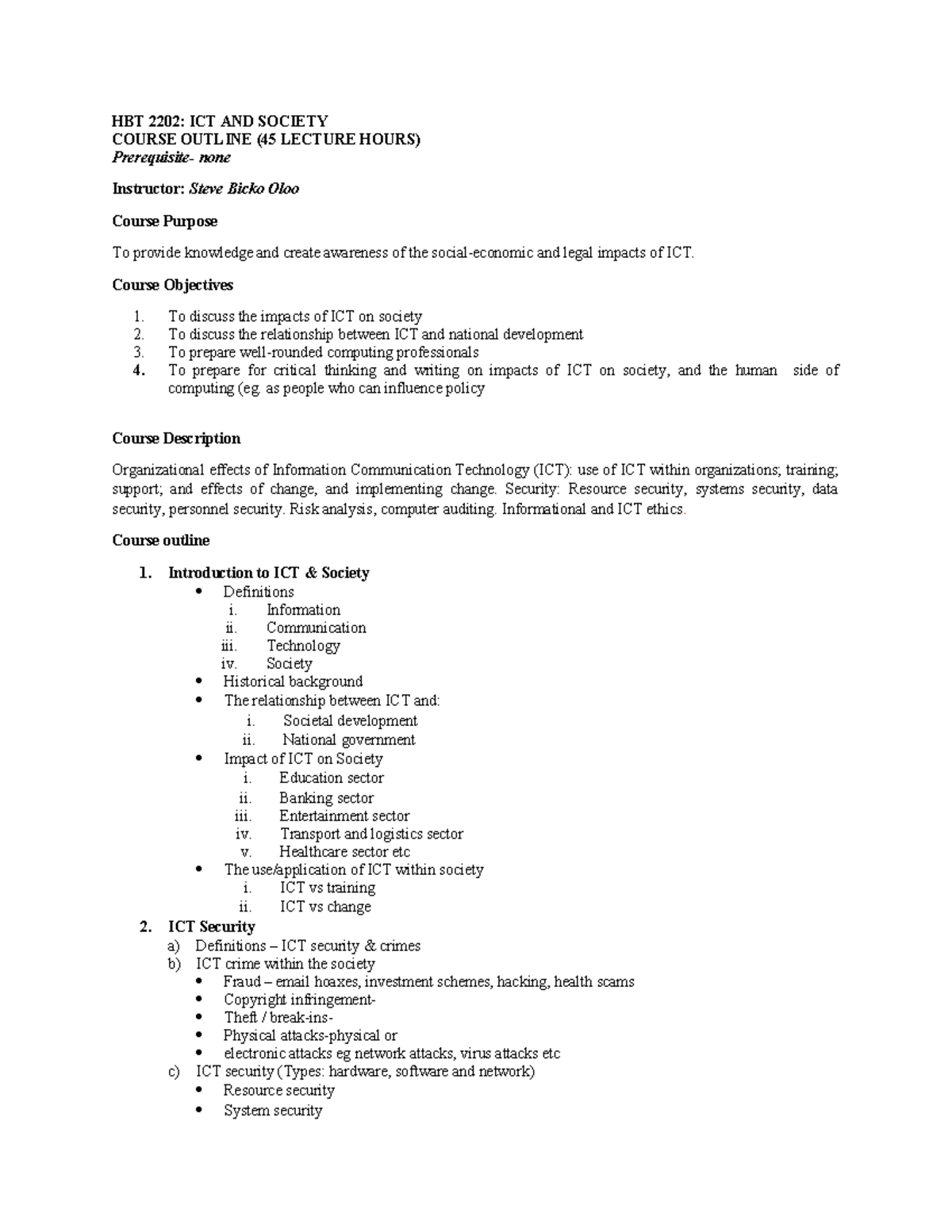 Course outline- ICT & Society - HBT 2202: ICT AND SOCIETY COURSE ...