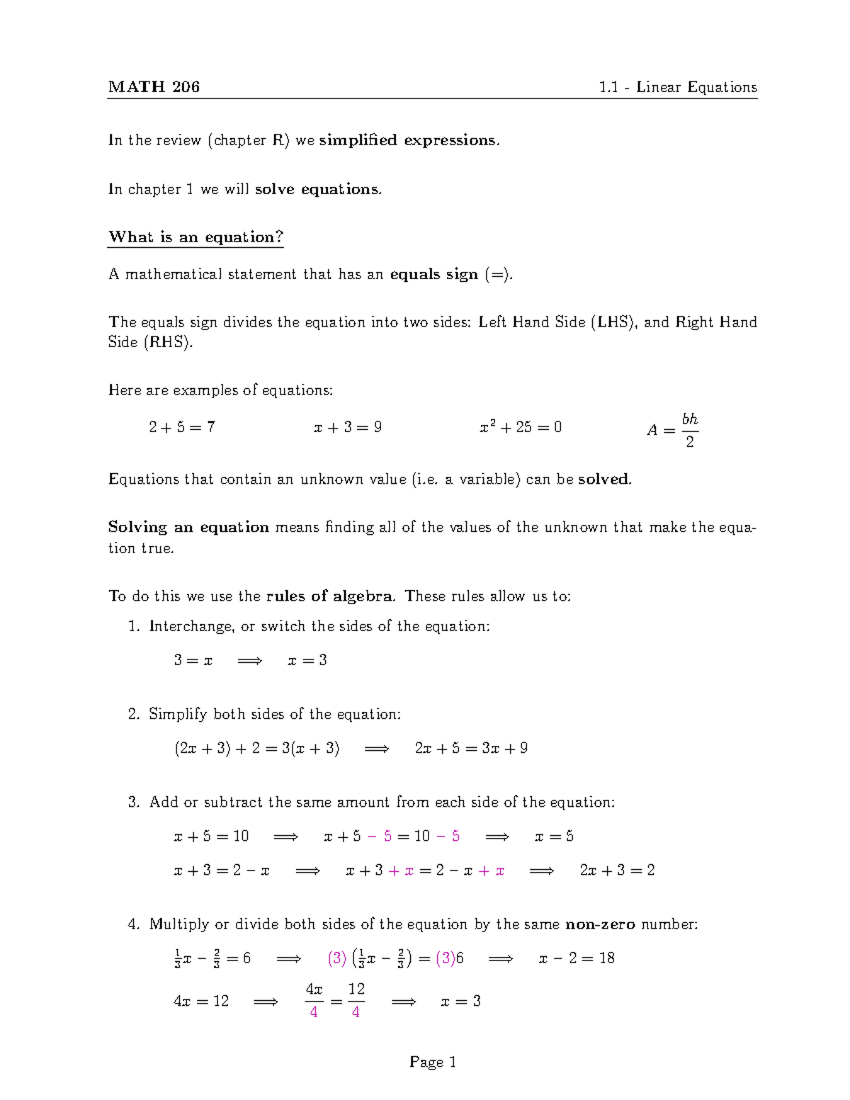 Math 206 1 1 Linear Equations Math 206 1 Linear Equations In The