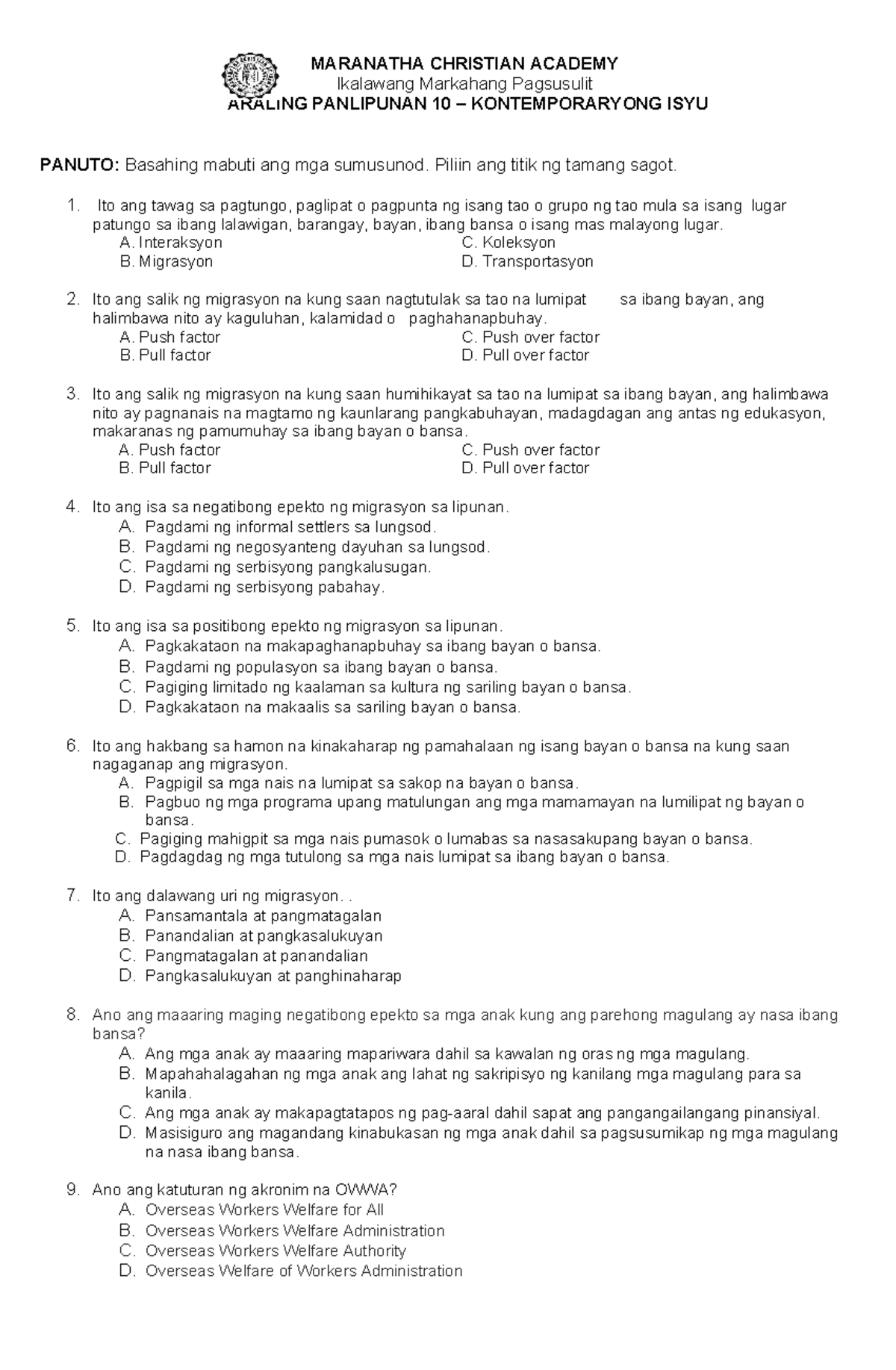 AP10-Second Periodic Exam - MARANATHA CHRISTIAN ACADEMY Ikalawang ...