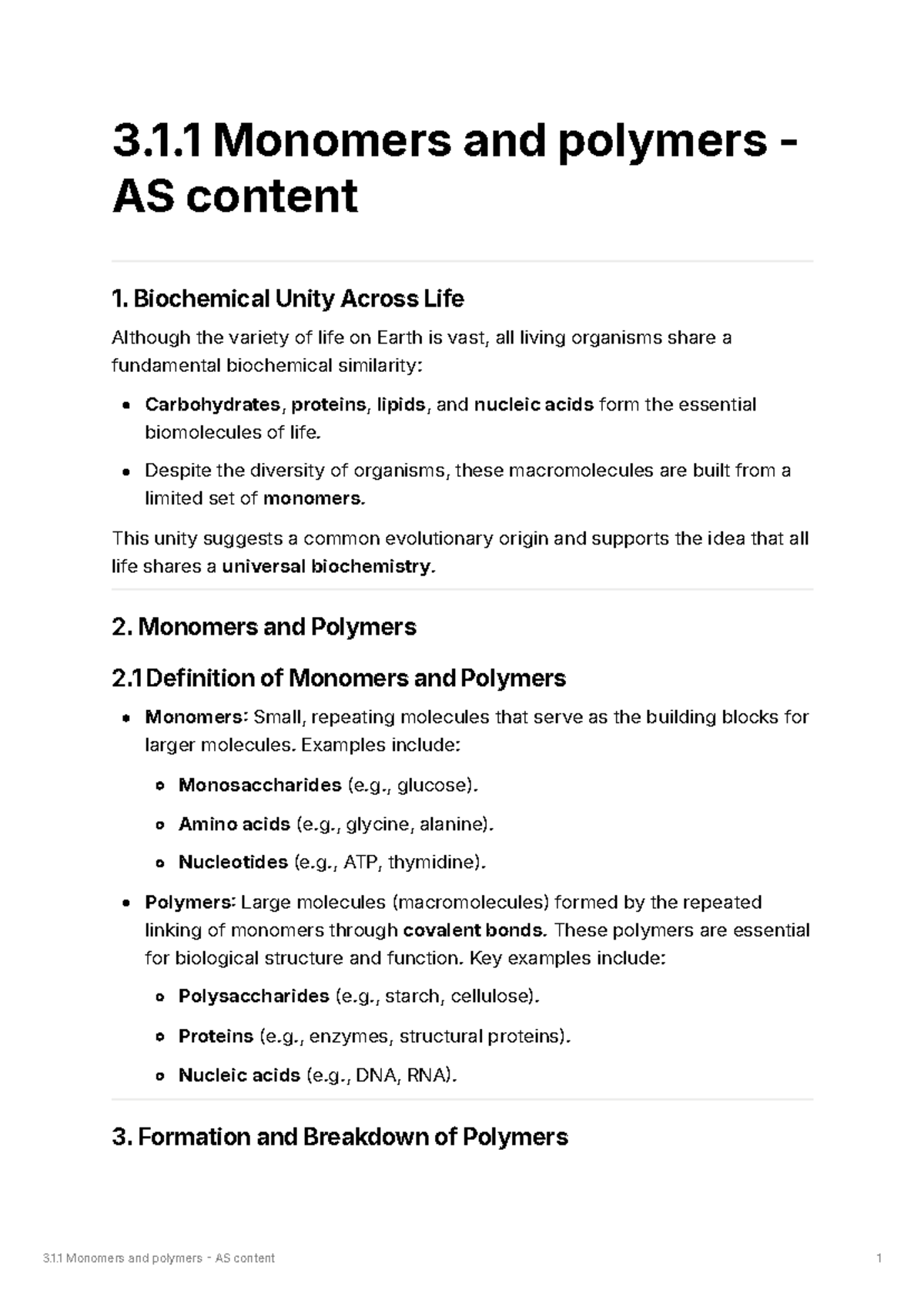 Mono and poly - notes - 3.1 Monomers and polymers - AS content 1 ...