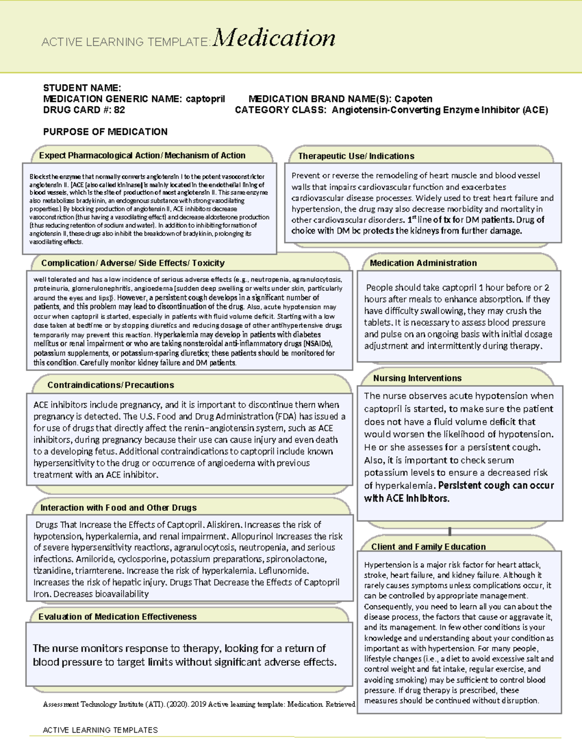 ATI MED Cards IV - pharm - STUDENT NAME: MEDICATION GENERIC NAME ...