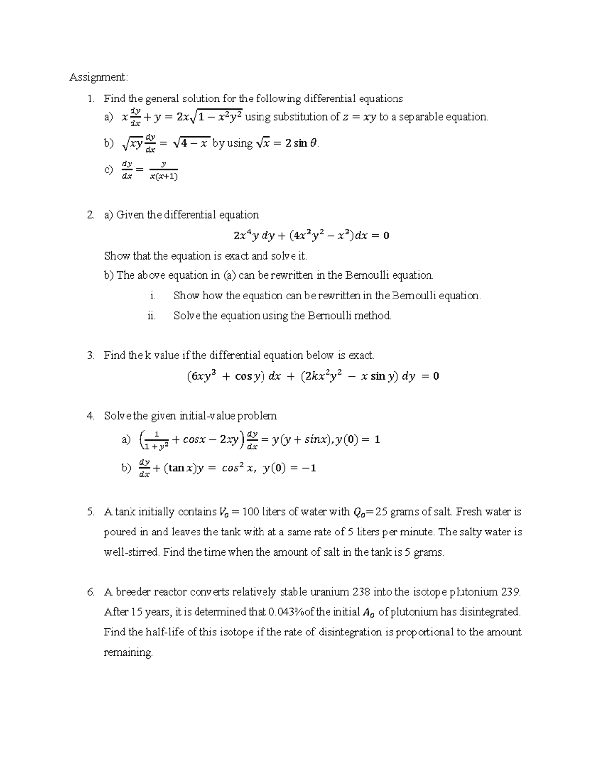 Assignment - Exercise - Assignment: Find the general solution for the ...