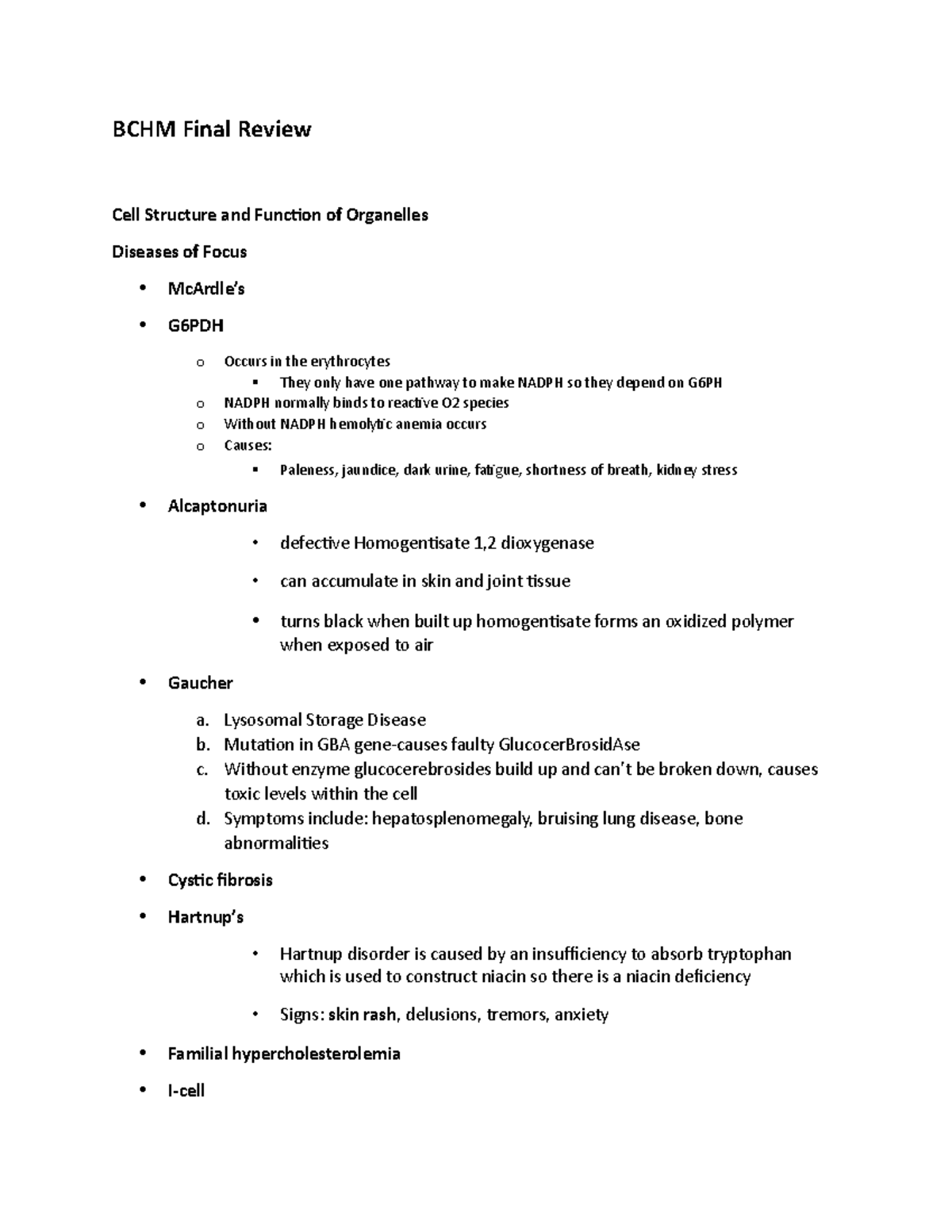 BCHM Final Review - BCHM Final Review Cell Structure and Function of ...