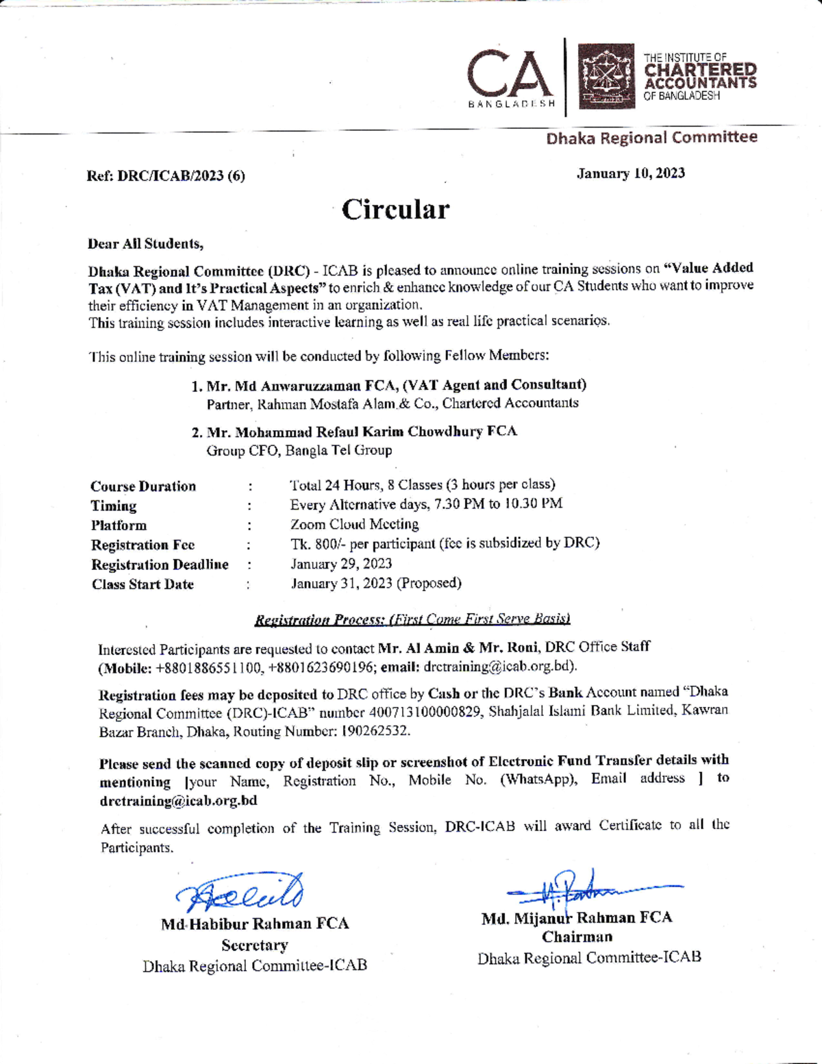 DRC-ICAB Online Training on “Value Added Tax (VAT) and It’s Practical ...