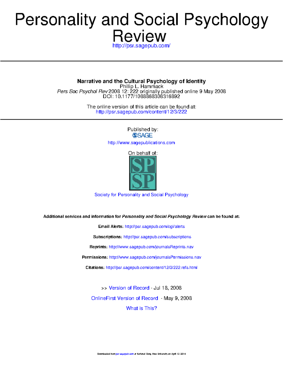 Hammack 2008 - psr.sagepub/ Review Personality and Social Psychology ...