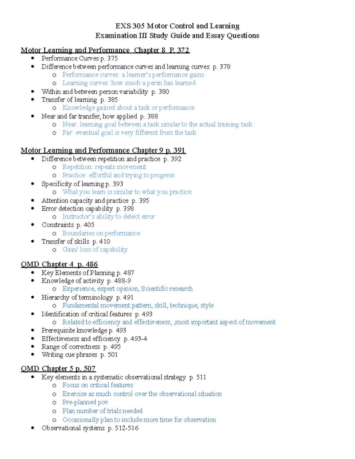 Final Study Guide - EXS 305 Motor Control and Learning Examination III ...
