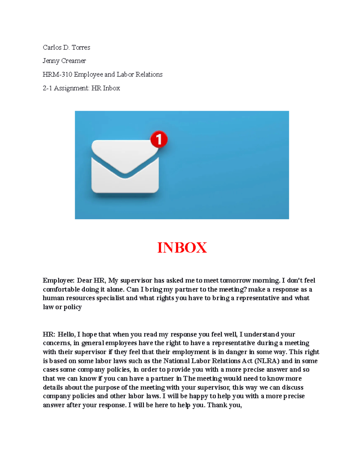 HRM-310 2-1 Assignment HR Inbox - Carlos D. Torres Jenny Creamer HRM-310 Employee and Labor ...