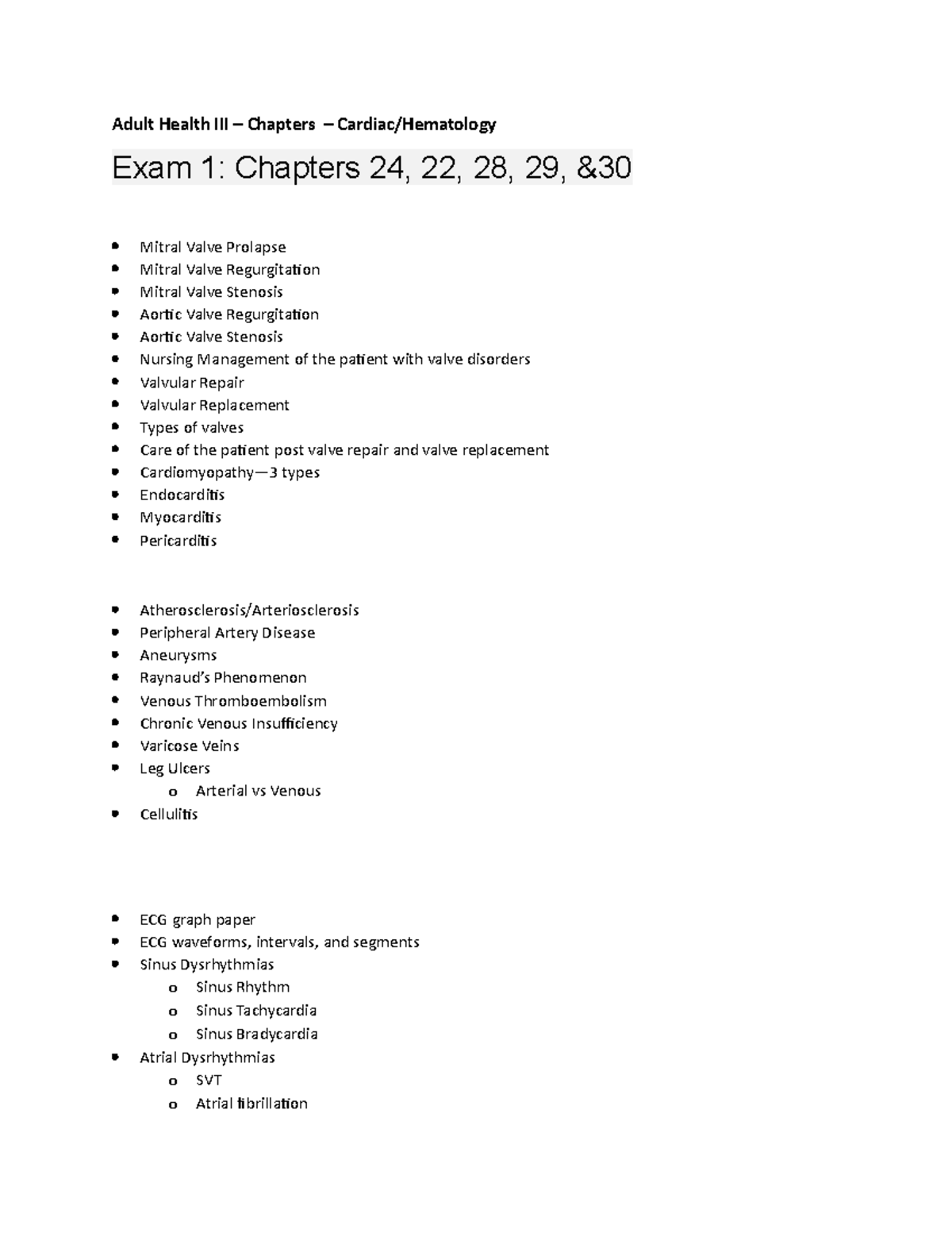 Exam 1 Outline- Cardiac Upated - Adult Health III – Chapters – Cardiac ...