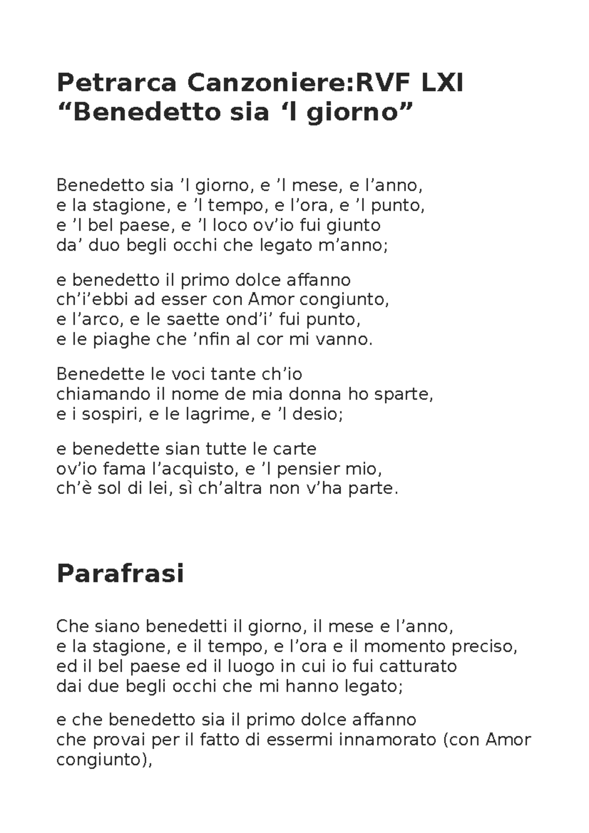 Petrarca - Benedette le voci tante ch’io chiamando il nome de mia donna ...