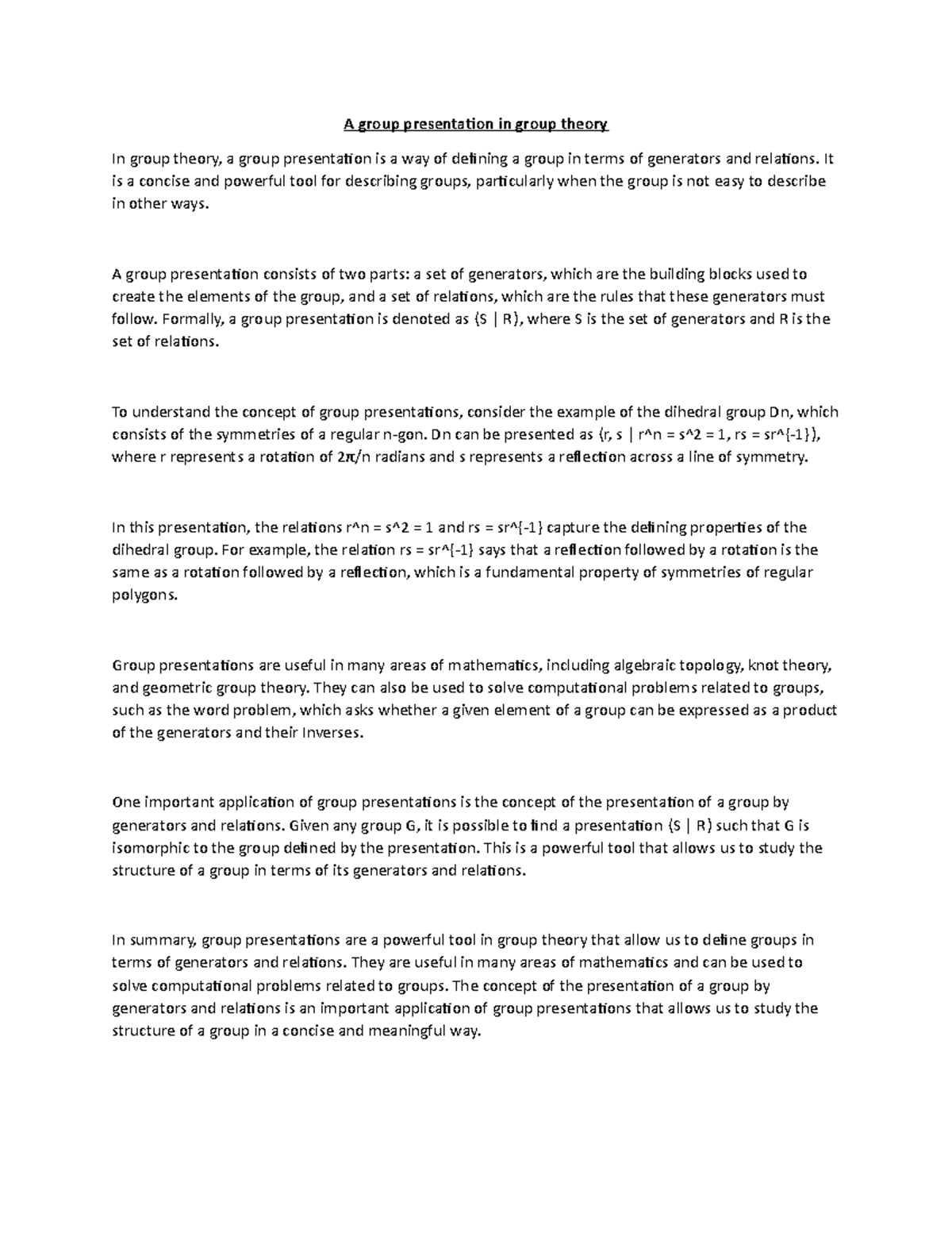 A group presentation in group theory - It is a concise and powerful ...