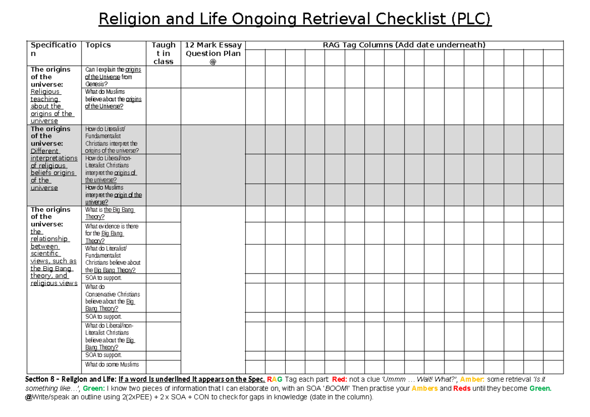000 Religion and Life Retrieval Checklist - Specificatio n Topics Taugh ...
