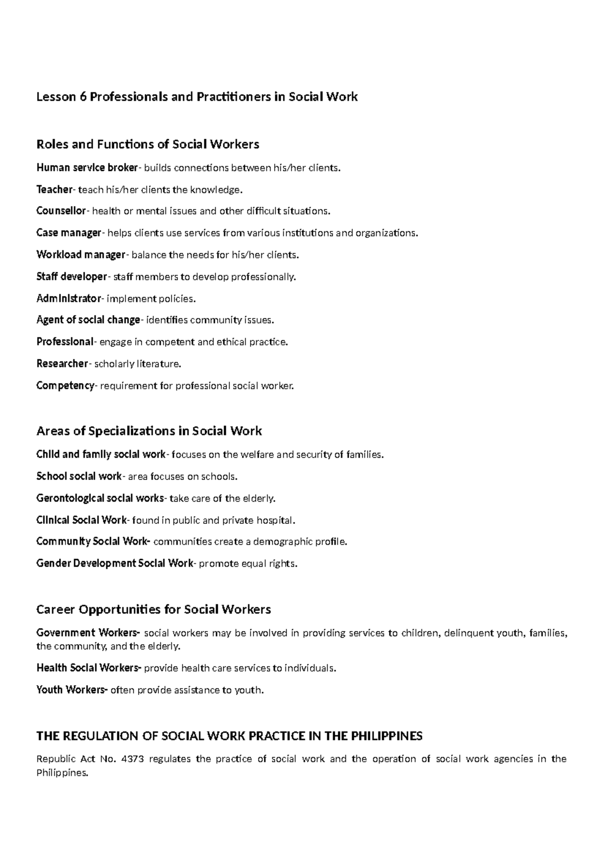 Diass Reviewer - Lesson 6 Professionals and Practitioners in Social Work Roles and Functions of ...