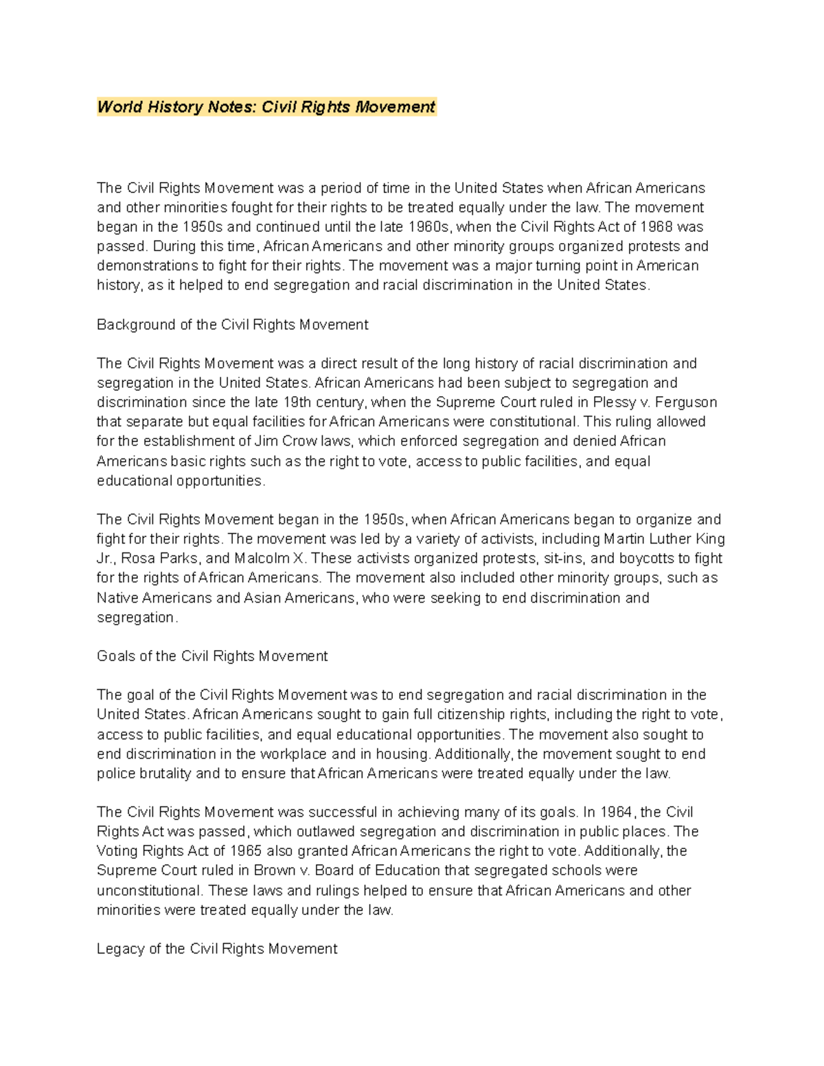 History Notes - The movement began in the 1950s and continued until the ...