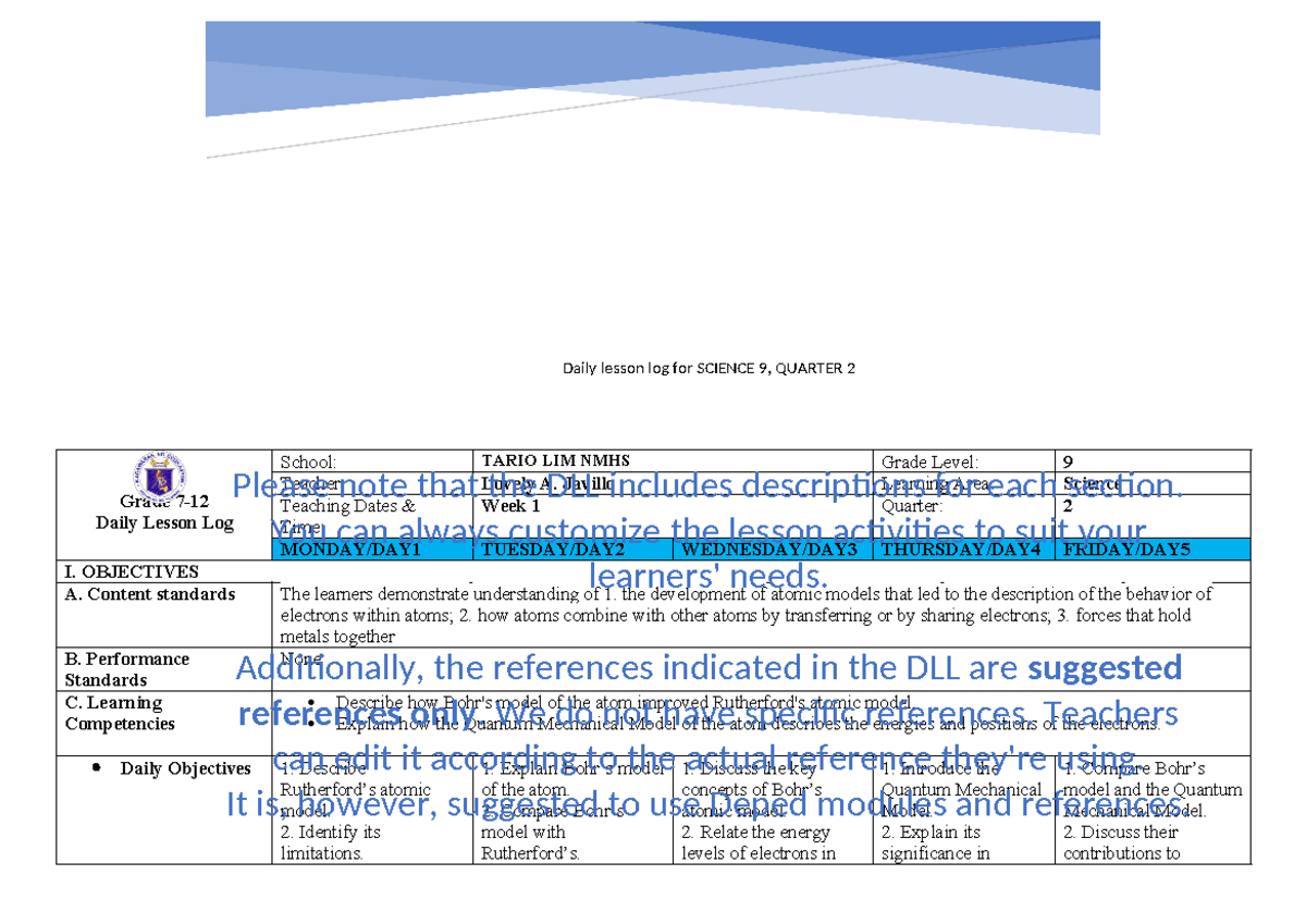 DLL- Science 9-Q2. - DLP - Grade 7- Daily Lesson Log School: TARIO LIM ...