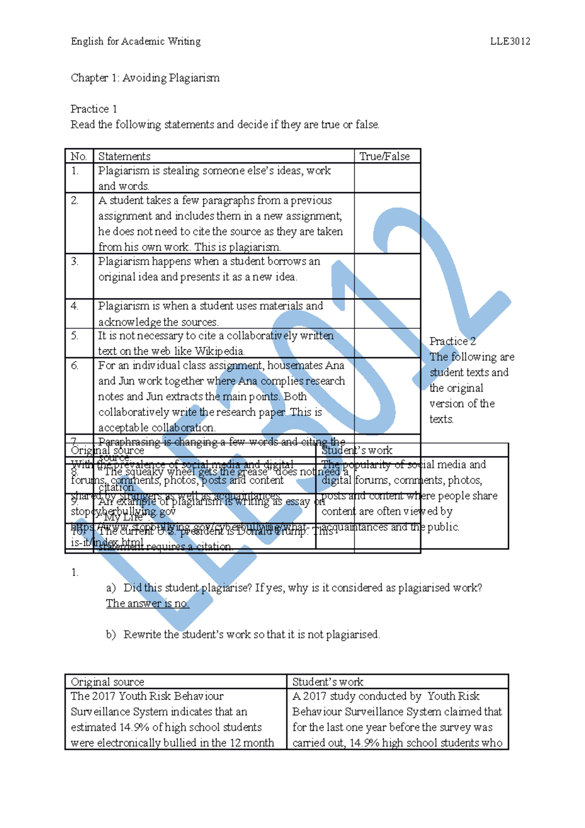 Chapter 1 practice - Yg ft ftc - English for Academic Writing LLE ...