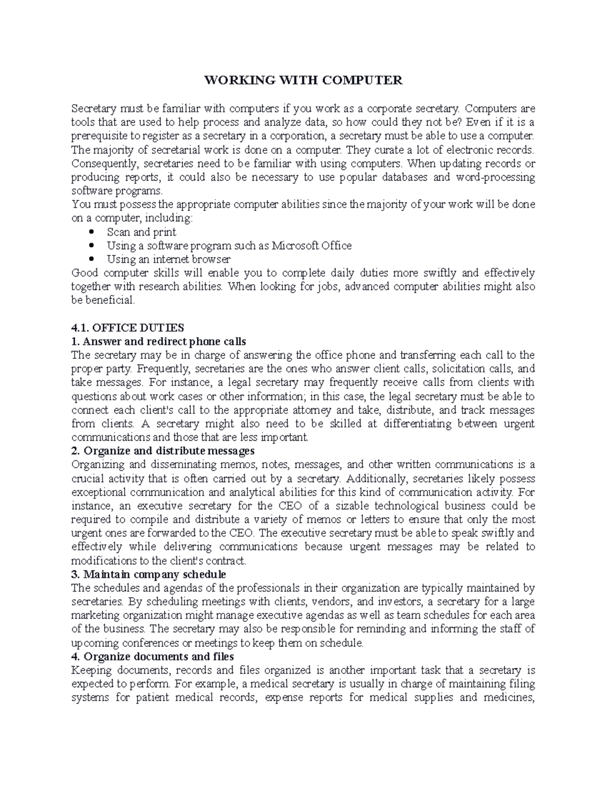 Working With Computer - WORKING WITH COMPUTER Secretary must be ...