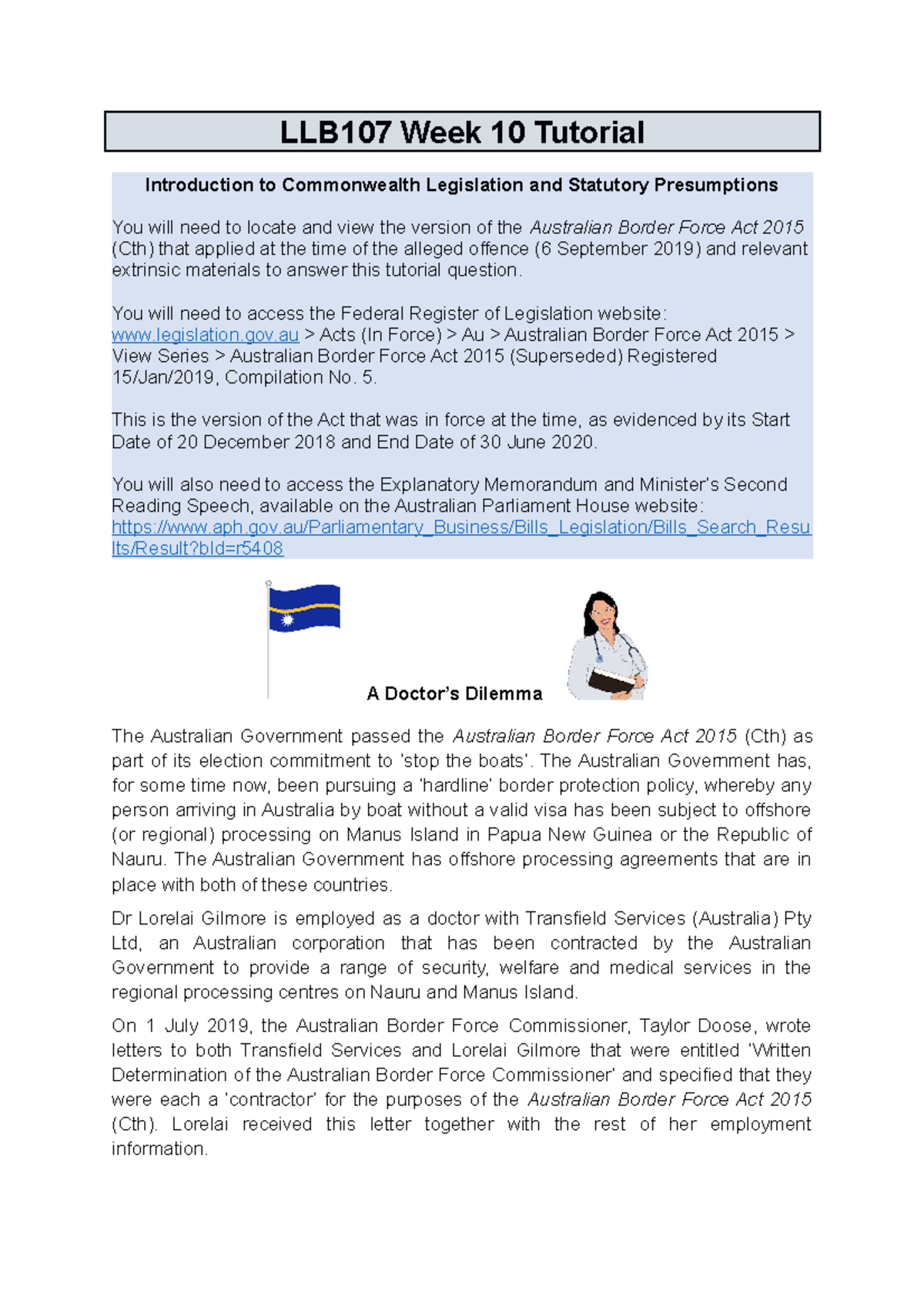 LLB107 Week 10 Tutorial 7 Commonwealth Legislation and Statutory ...