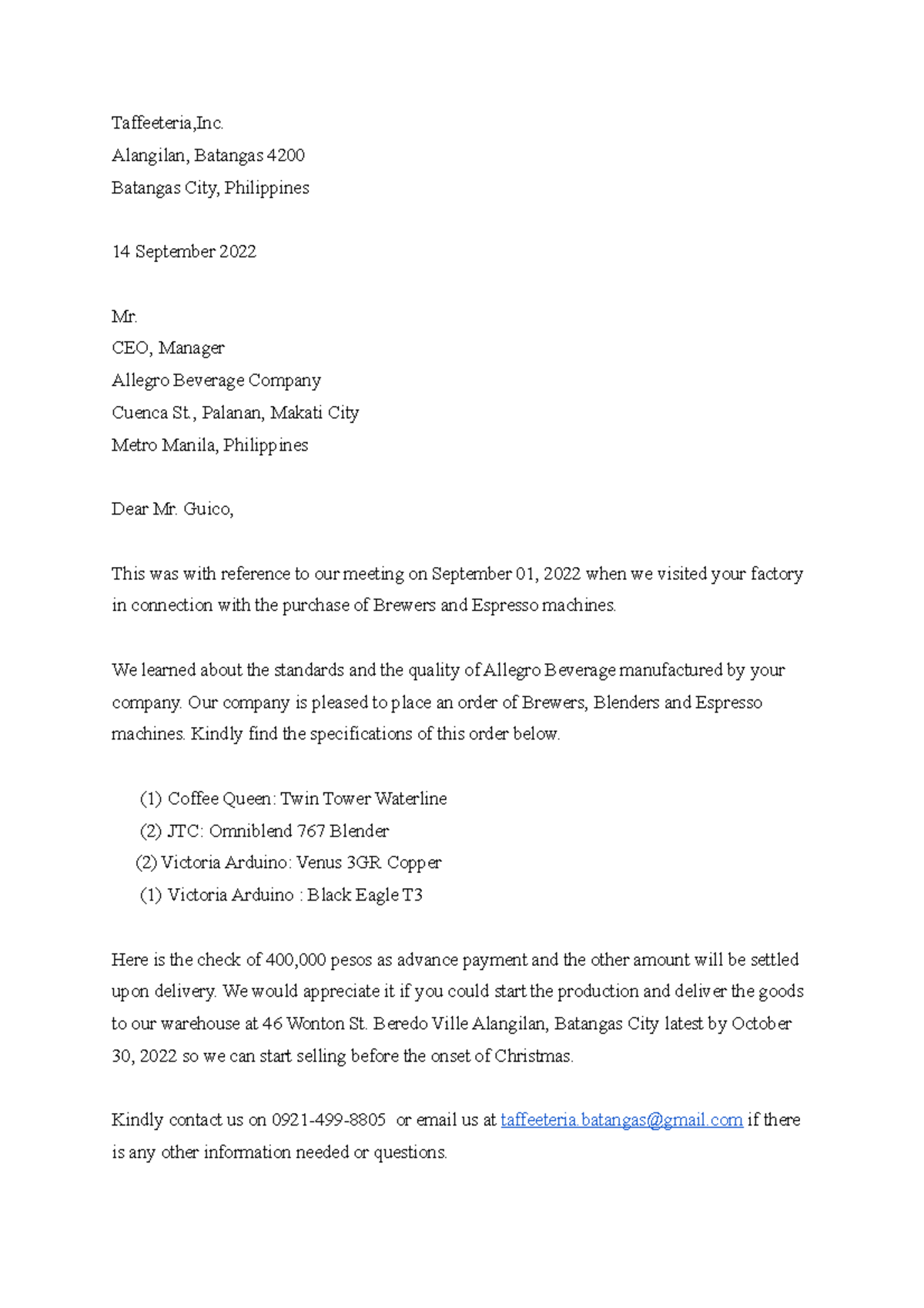 Business-Letter - business letter - Taffeeteria,Inc. Alangilan ...
