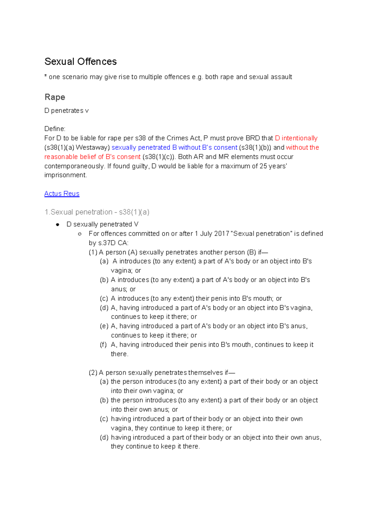 Crim - Sexual Offences notes - Sexual Offences * one scenario may give ...