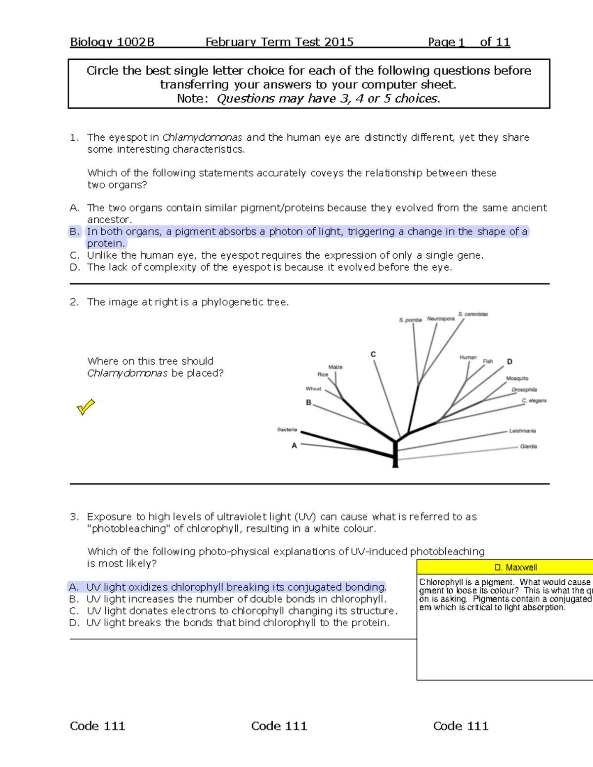 2015 Test 1 - biology practice exam for bio courses - 1 Circle the best ...