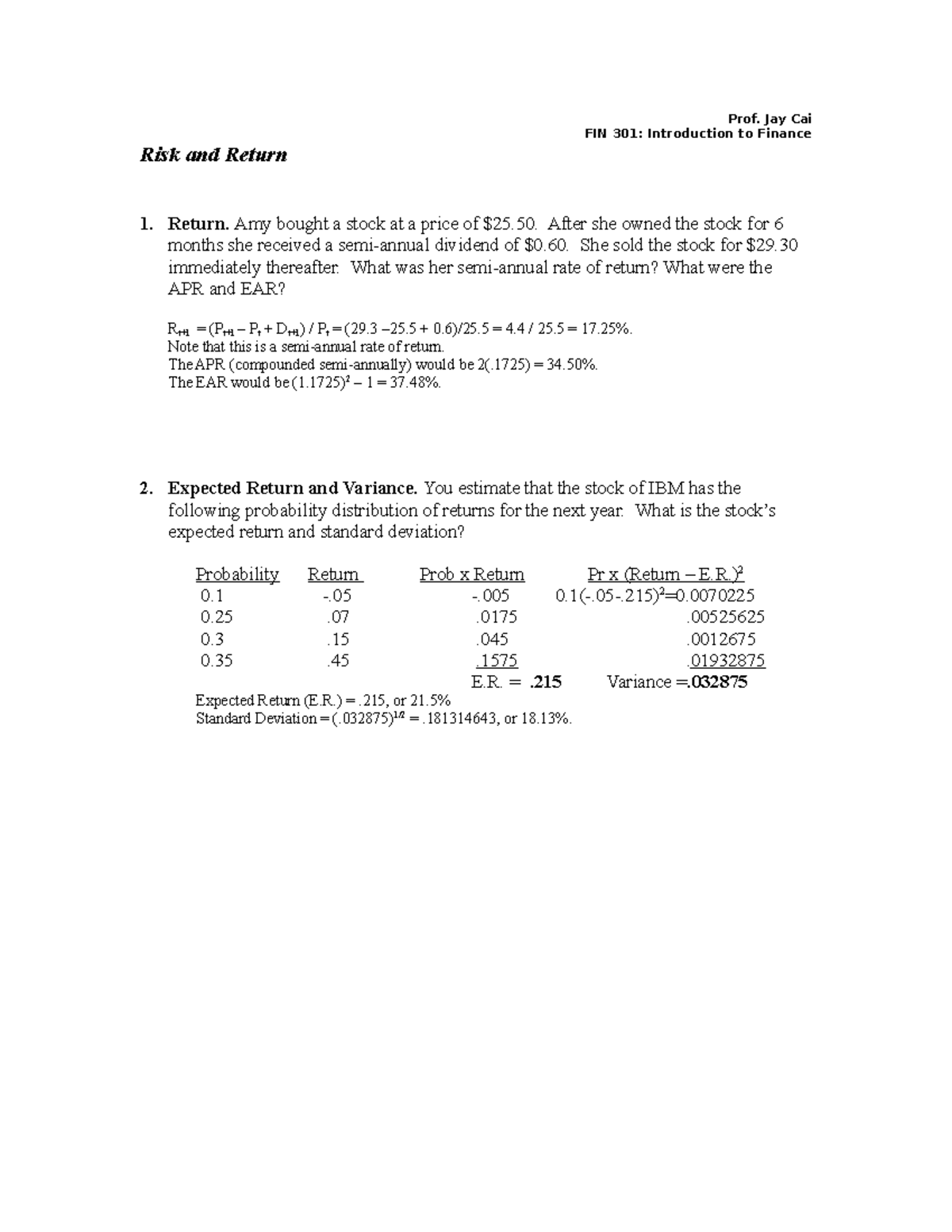 Handout 4 Risk Returns SML solutions - Prof. Jay Cai FIN 301 ...