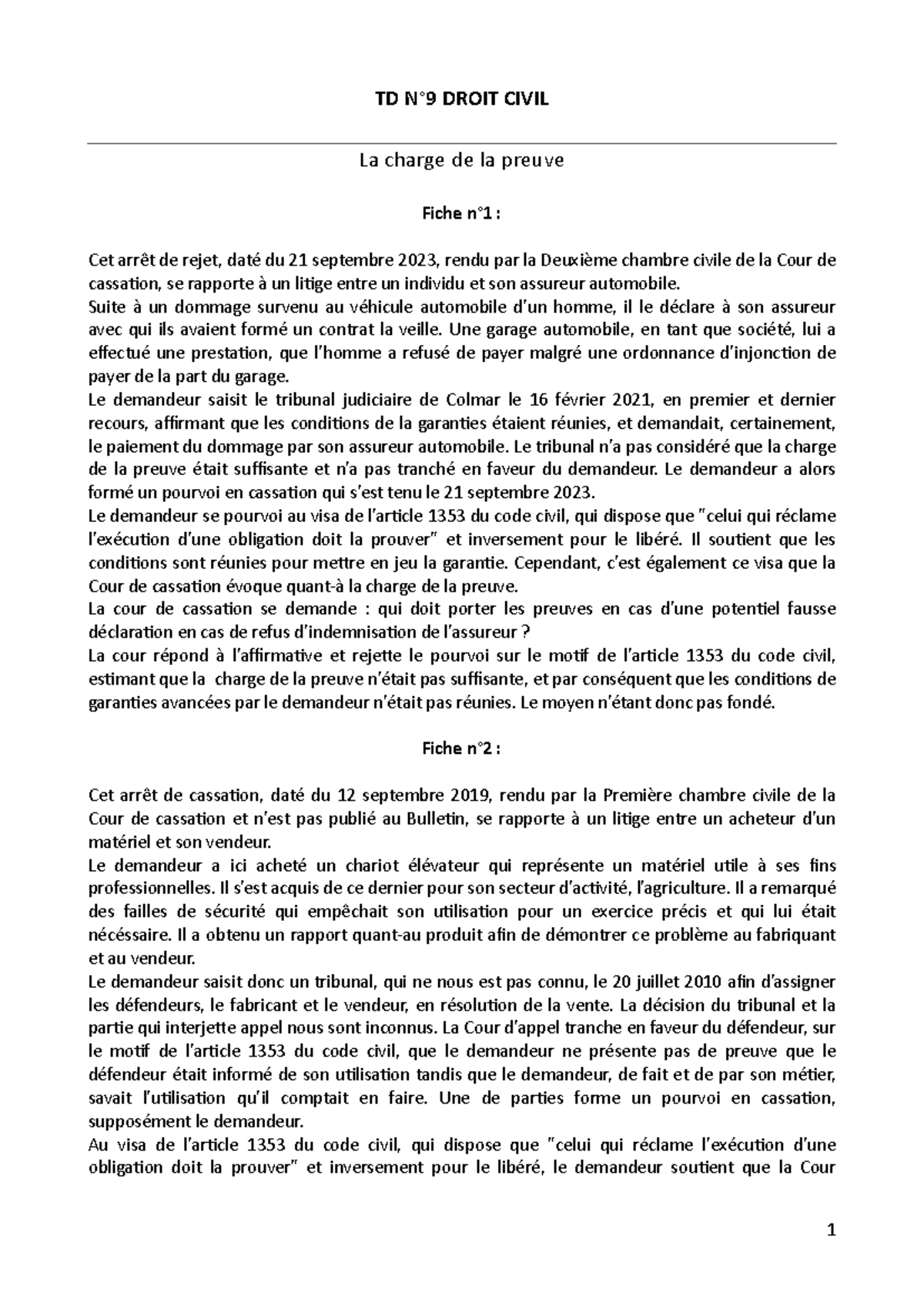 TD droit civil (fiche d'arrêts) : la charge de la preuve - TD N°9 DROIT CIVIL La charge de la ...