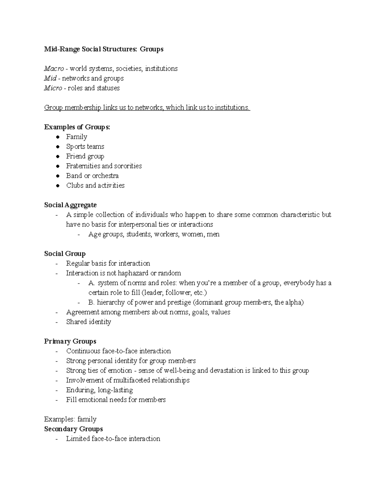 Class Lecture Notes - Mid-Range Social Structures: Groups Macro - world ...