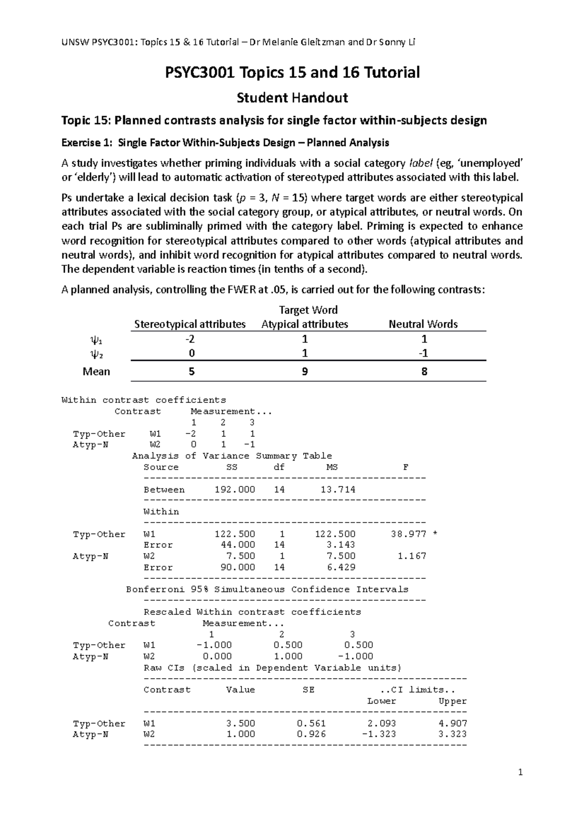 PSYC3001 Topics 15 and 16 Tutorial Handout - PSYC3001 Topics 15 and 16 ...