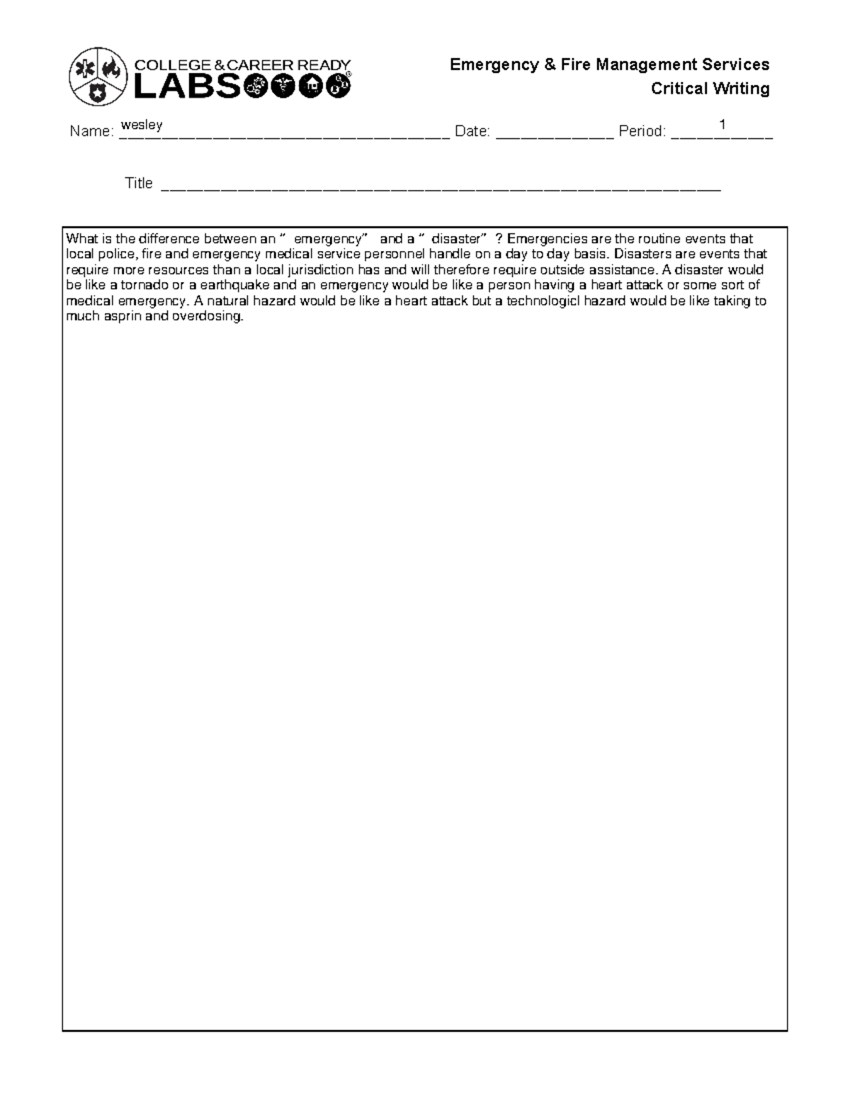 Emergency & Fire Management Services Critical Writing - Name: - Studocu