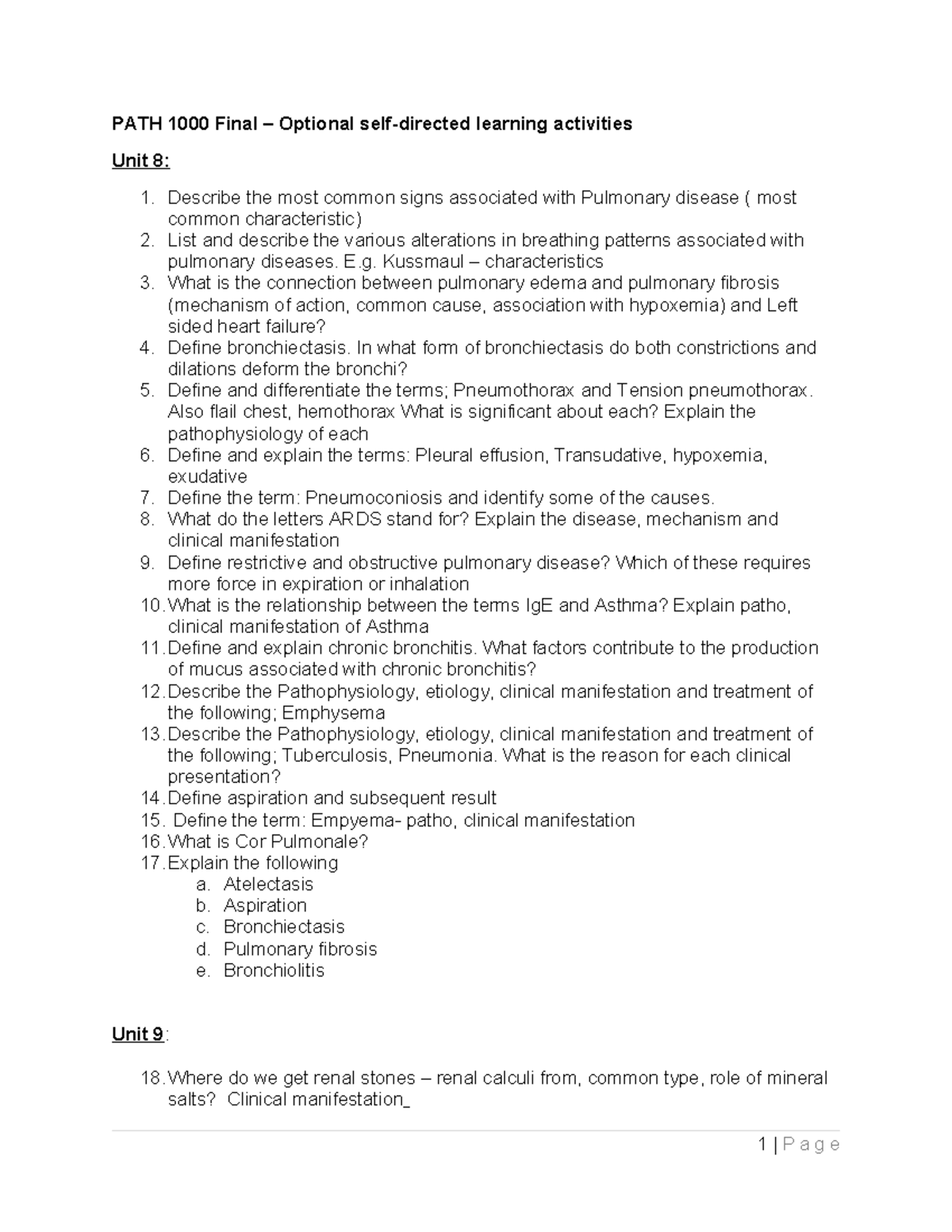 PATH 1000 Unit 8 to 12 optional self-directed learning activities ...