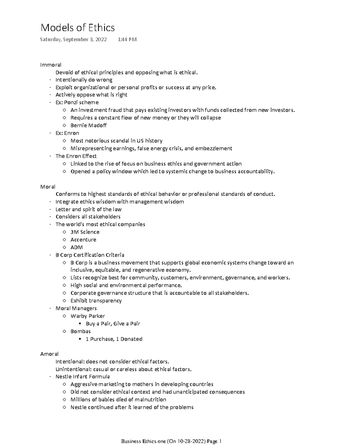 Models of Ethics - Professor Travis Lesser - Immoral Devoid of ethical ...