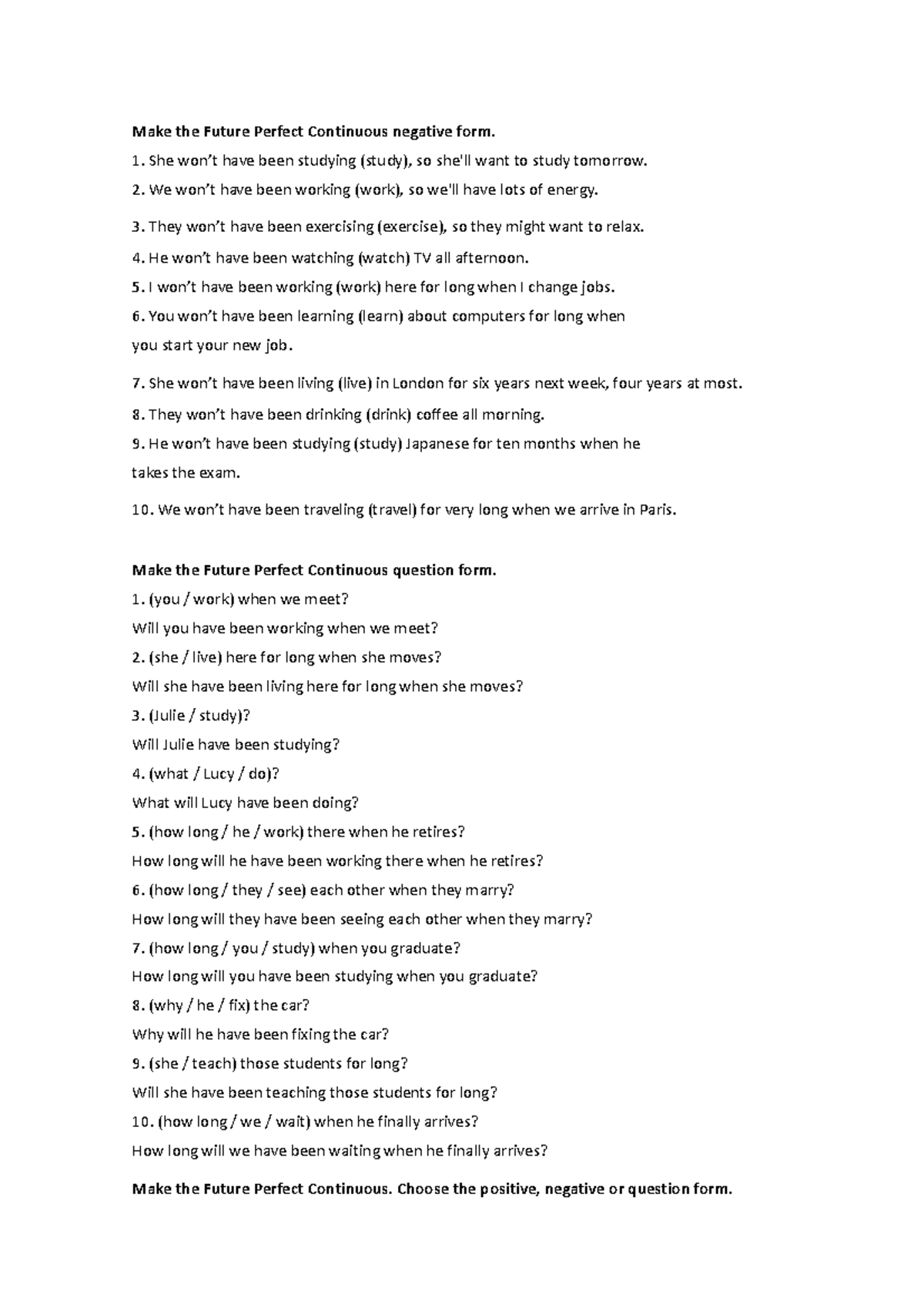 12. Exercises - Future Perfect Continuous - Make the Future Perfect ...