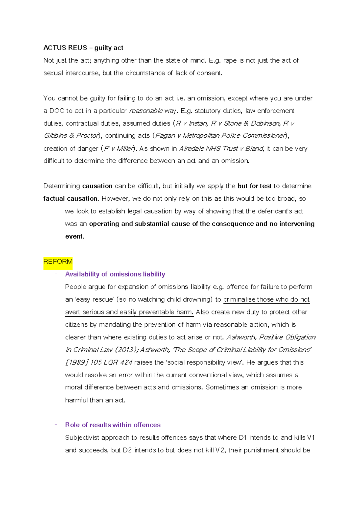 Criminal Law revision notes - ACTUS REUS – guilty act Not just the act ...