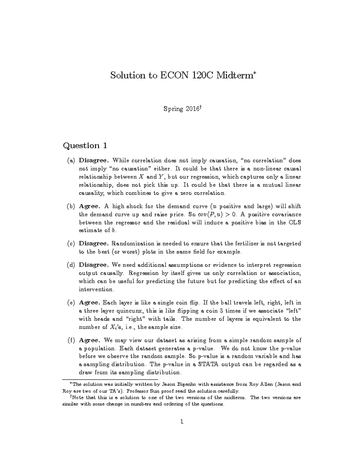 Midterm spring 2016 a solution - Solution to ECON 120C Midterm Spring 2016y Question 1 (a) - Studocu