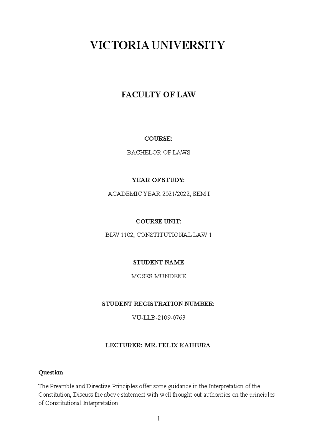 Constitutional Law 1. Coursework - VICTORIA UNIVERSITY FACULTY OF LAW ...