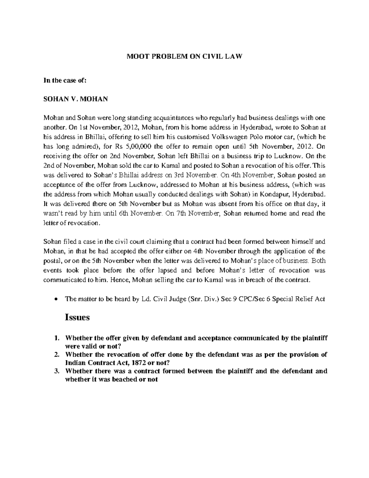 Moot court preposition - MOOT PROBLEM ON CIVIL LAW In the case of ...