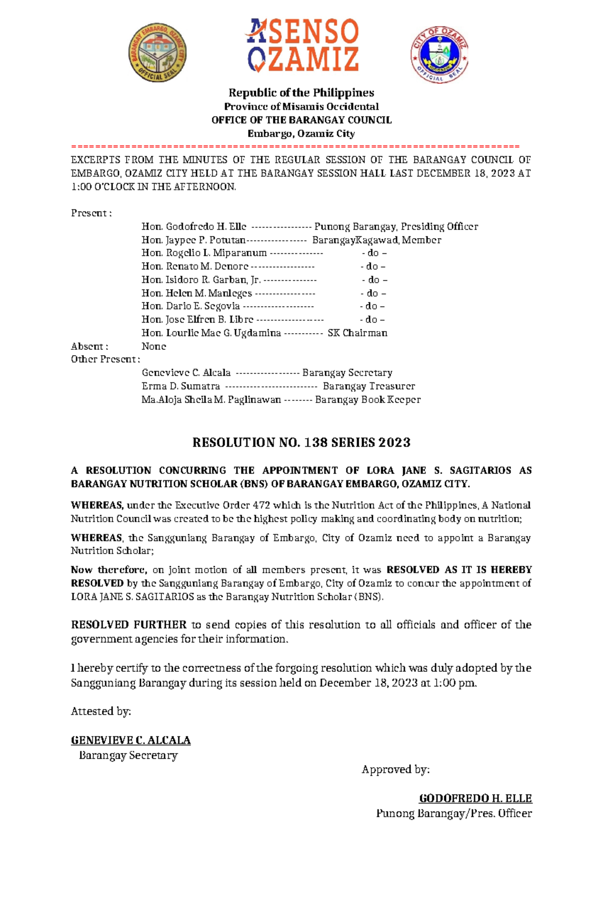 Resolution No. 138 S. 2023 BNS - Republic of the Philippines Province ...