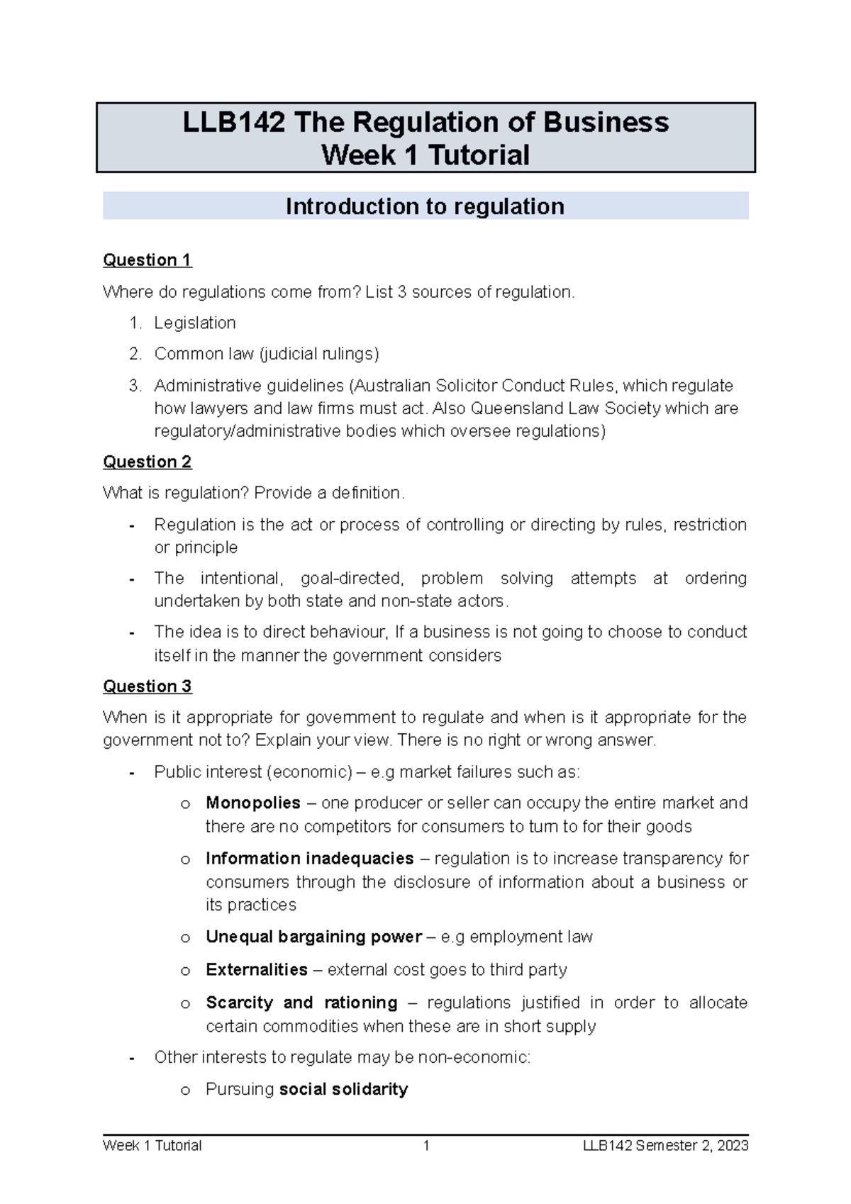 LLB142 Week 1 Tutorial 1 - LLB142 The Regulation of Business Week 1 Tutorial Introduction to ...