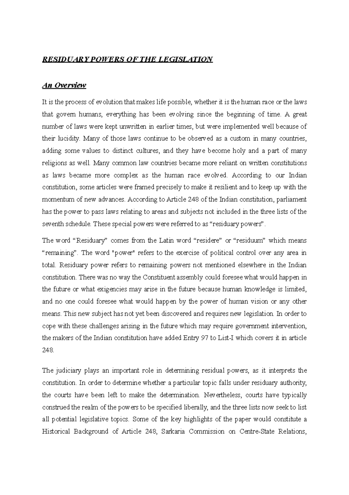 Residuary Powers of the Legislation - RESIDUARY POWERS OF THE ...