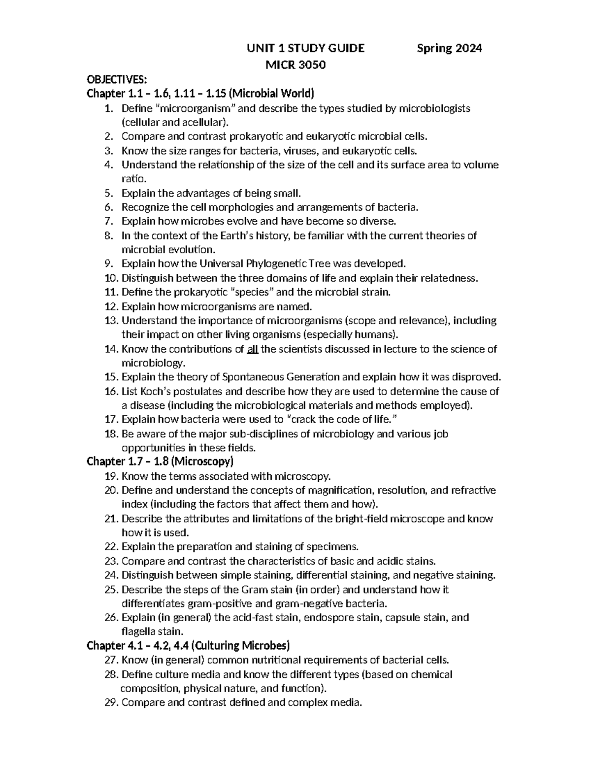 Unit 1 Study Guide - UNIT 1 STUDY GUIDE Spring 2024 MICR 3050 ...