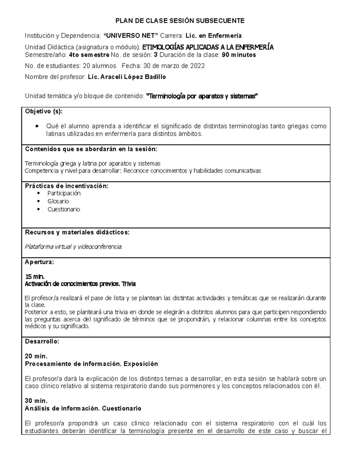 Formato de plan de clase Sesion subsecuente - PLAN DE CLASE SESIÓN ...